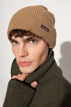 Dolce & Gabbana Ribbed Knit Beanie With Logo Patch - Brown