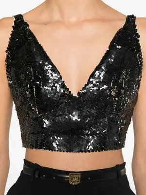 P.a.r.o.s.h Sequined V-neck Cropped Top - Black