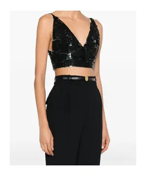 P.a.r.o.s.h Sequined V-neck Cropped Top - Black