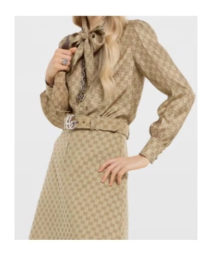 Gucci Allover Gg Print Long-sleeve Twill Shirt With Self-tie Bow