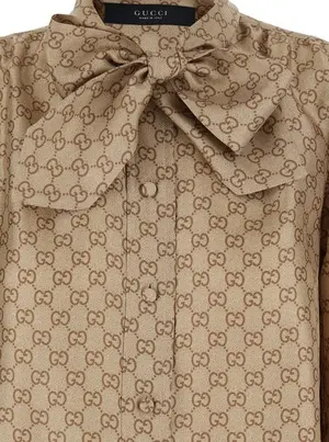 Gucci Allover Gg Print Long-sleeve Twill Shirt With Self-tie Bow - Sand-colored