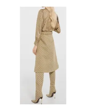 Gucci Allover Gg Print Long-sleeve Twill Shirt With Self-tie Bow - Sand-colored