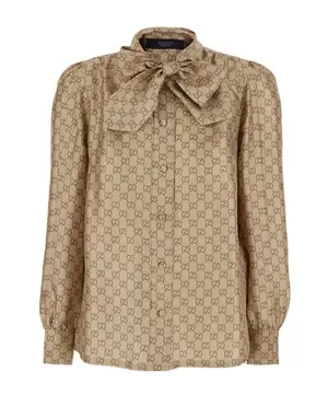 Gucci Allover Gg Print Long-sleeve Twill Shirt With Self-tie Bow - Sand