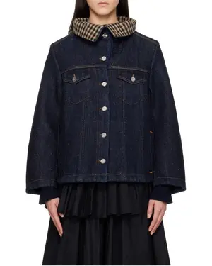 GANNI Neppy Denim Jacket With Checked Collar - Black