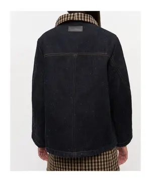 GANNI Neppy Denim Jacket With Checked Collar - Black