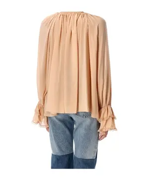 Chloé Gathered V-neck Drawstring Blouse With Ruffle Detail