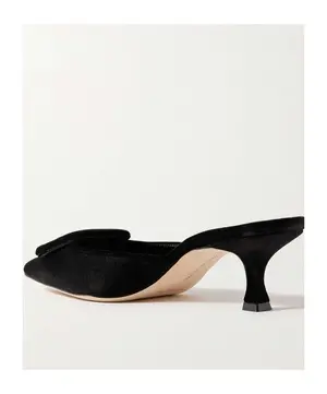Manolo Blahnik Velvet Pointed Toe Kitten Heel Mules - Black