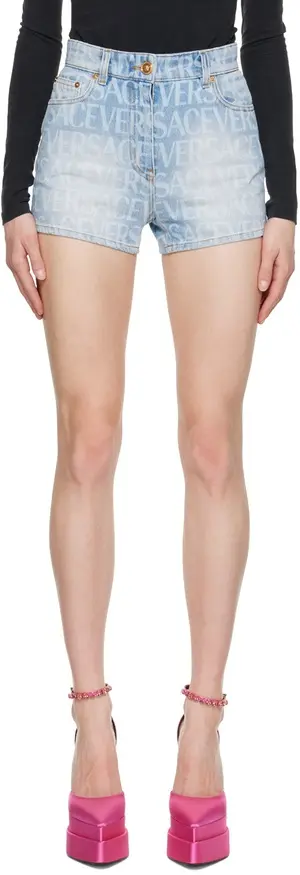 Versace Allover Logo Printed Denim Shorts