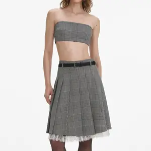 SELF-PORTRAIT Prince Of Wales Check Pleated Midi Skirt - Gray