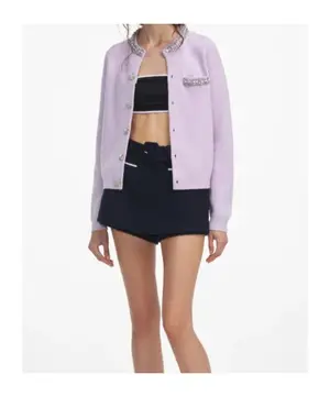 SELF-PORTRAIT Pearl Trim Ribbed Knit Cardigan