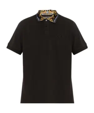 Versace Logo Embroidered Short Sleeved Polo Shirt - Black