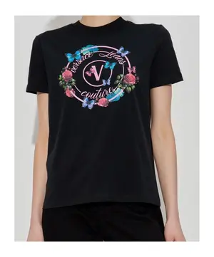 Versace Floral-butterfly Print Crewneck T-shirt - Black