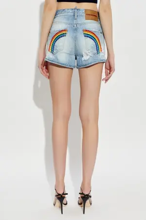 Dsquared2 Distressed Denim Shorts With Rainbow Embroidery