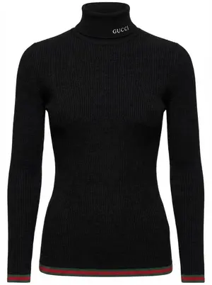Gucci Ribbed Knit Turtleneck Top With Webbing Piping