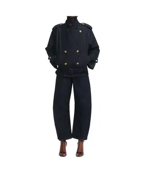 SELF-PORTRAIT Belted Denim Jacket With Exaggerated Collar - Black