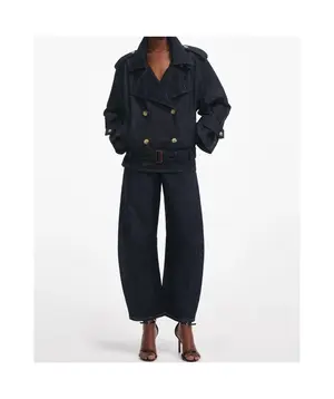 SELF-PORTRAIT Belted Denim Jacket With Exaggerated Collar - Black