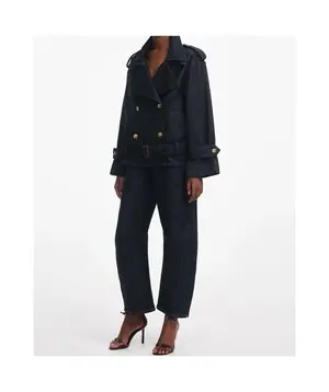 SELF-PORTRAIT Belted Denim Jacket With Exaggerated Collar - Black