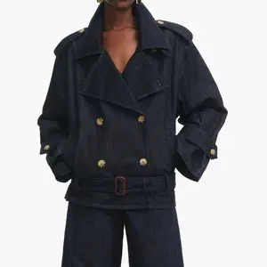 SELF-PORTRAIT Belted Denim Jacket With Exaggerated Collar - Black