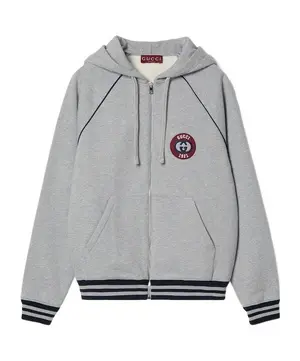 Gucci Felted Cotton Zipped Jacket With Patch And Embroidery - Grey