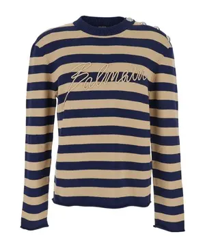 Balmain Long Sleeve Striped Sweater With Button Detail