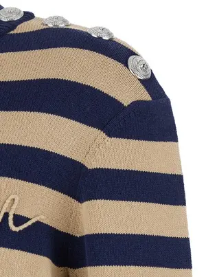 Balmain Long Sleeve Striped Sweater With Button Detail