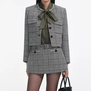 SELF-PORTRAIT Houndstooth Cropped Jacket With Diamanté Trim - Black