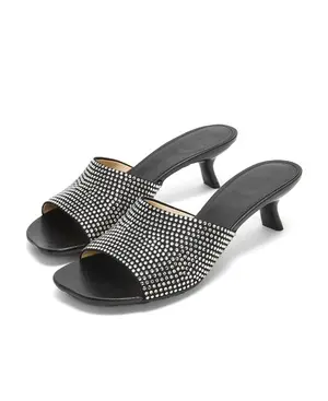 Loewe Petal Kitten Heel Slide In Suede And Rhinestones - Black