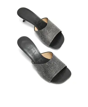 Loewe Petal Kitten Heel Slide In Suede And Rhinestones - Black