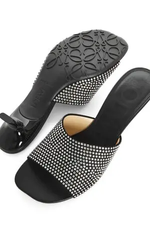Loewe Petal Kitten Heel Slide In Suede And Rhinestones - Black