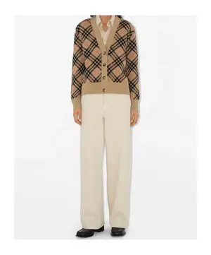 Burberry Checked V-neck Buttoned Cardigan - Sand