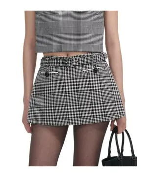 SELF-PORTRAIT Houndstooth Belted Mini Skort - Gray