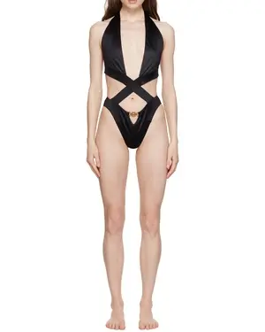 Versace Logo Detailed Cut-out Halterneck Swimsuit