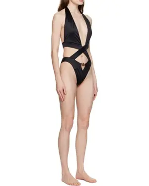 Versace Logo Detailed Cut-out Halterneck Swimsuit