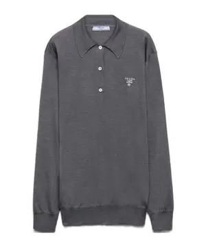Prada Logo Embroidered Long-sleeve Polo Shirt - Slate Grey