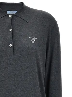 Prada Logo Embroidered Long-sleeve Polo Shirt - Slate Grey