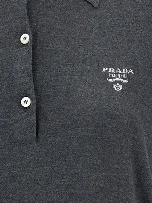 Prada Logo Embroidered Long-sleeve Polo Shirt - Slate Grey