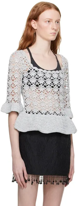 GANNI Crochet Top With Square Neck And Fan-shaped Edge