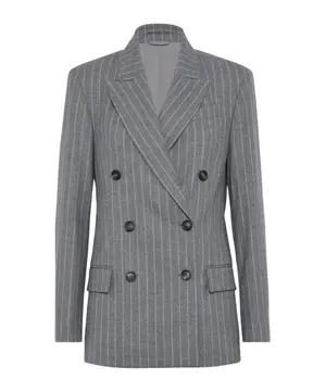 Brunello Cucinelli Pinstripe Double-breasted Blazer With Monili Chain Detail - Medium Gray