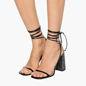 Miu Miu Glitter Block Heel Ankle Tie Sandals