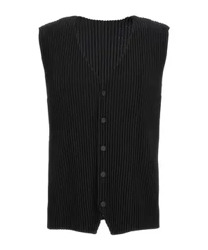Issey Miyake Homme Plissé Pleated V-neck Vest - Black