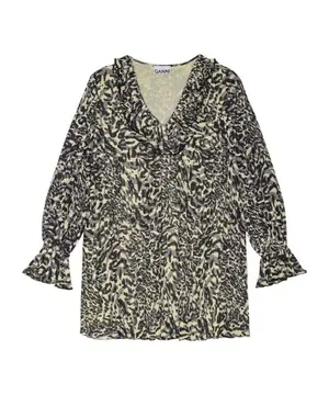 GANNI Pleated Georgette Flounce Neck Mini Dress