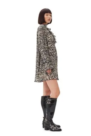GANNI Pleated Georgette Flounce Neck Mini Dress