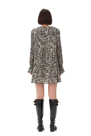GANNI Pleated Georgette Flounce Neck Mini Dress