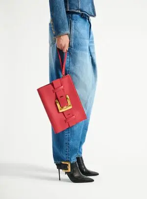 Balmain Anthem Smooth Leather Clutch With Gold-tone Buckle