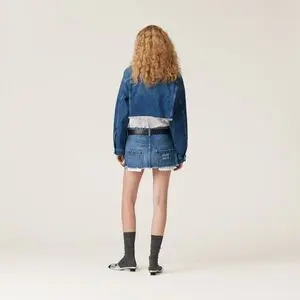 Miu Miu Cropped Denim Jacket With Embroidered Logo - Blue