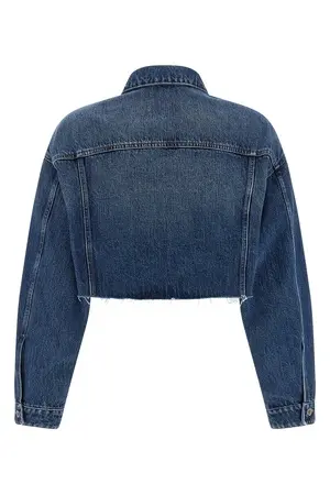 Miu Miu Cropped Denim Jacket With Embroidered Logo - Blue