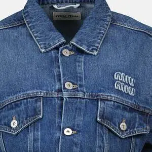 Miu Miu Cropped Denim Jacket With Embroidered Logo - Blue