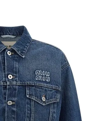 Miu Miu Cropped Denim Jacket With Embroidered Logo - Blue