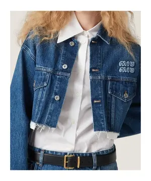 Miu Miu Cropped Denim Jacket With Embroidered Logo - Blue