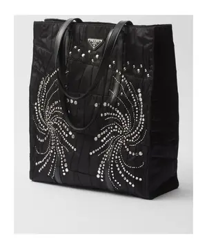 Prada Re-nylon Patchwork Tote Bag With Embroidery And Studs - Black